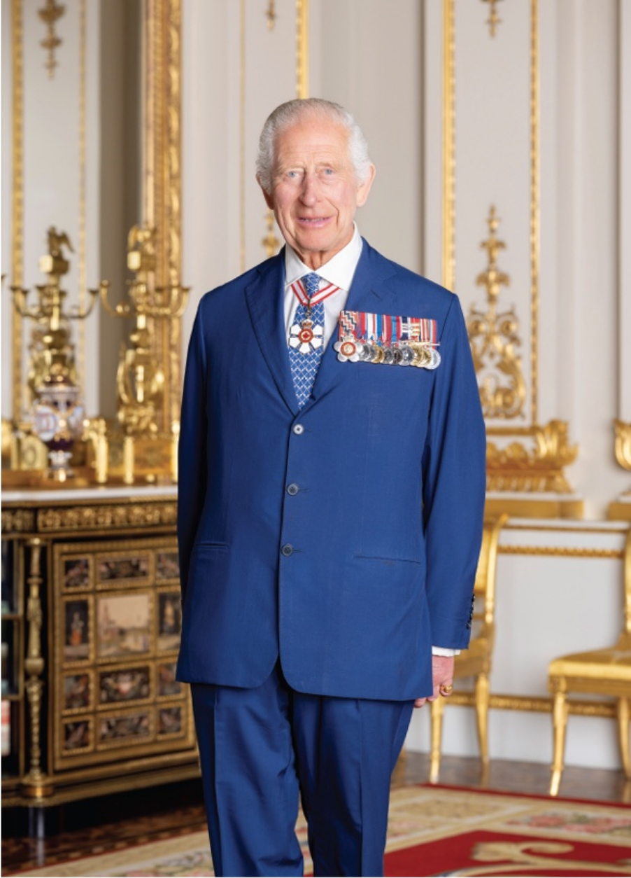 A close-up of a portrait of King Charles III
